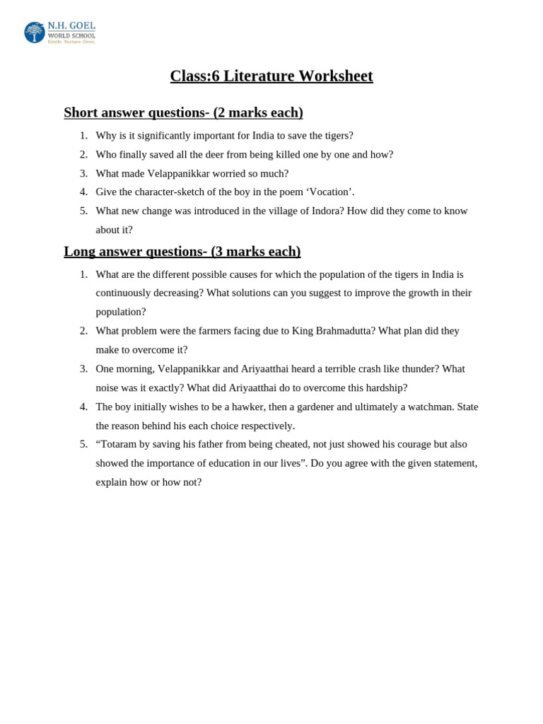 6th Grade Literature Worksheet Questions | PDF