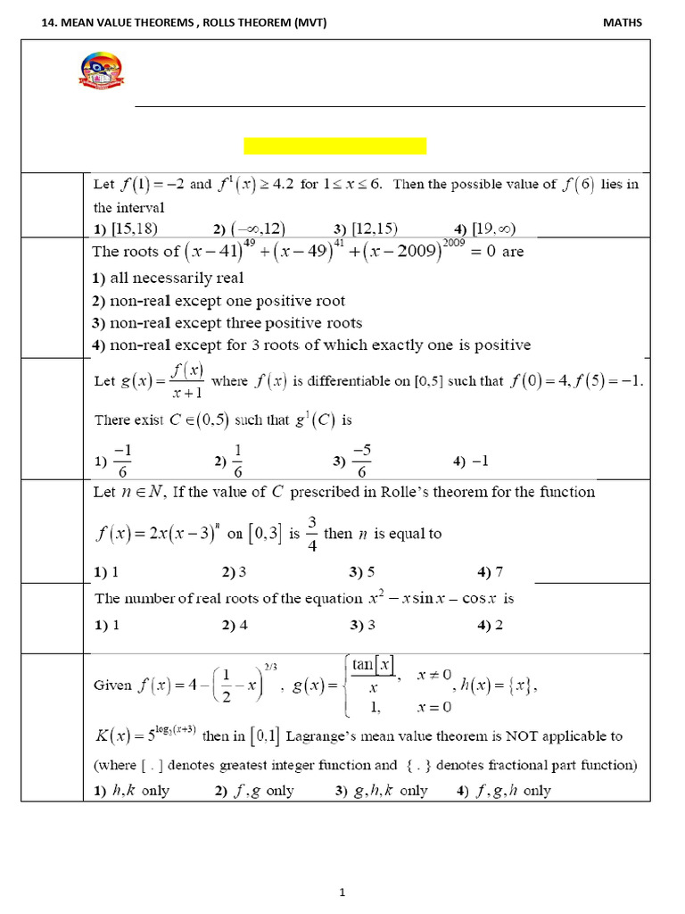 Mean Value Theorems & Rolle's Theorem | PDF | Calculus | Mathematical Concepts
