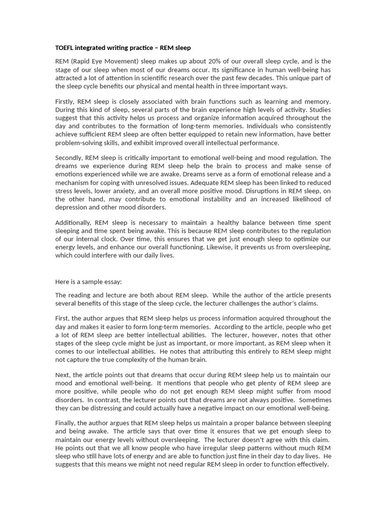 TOEFL Integrated Writing Practice - REM Sleep | PDF | Sleep | Rapid Eye ...