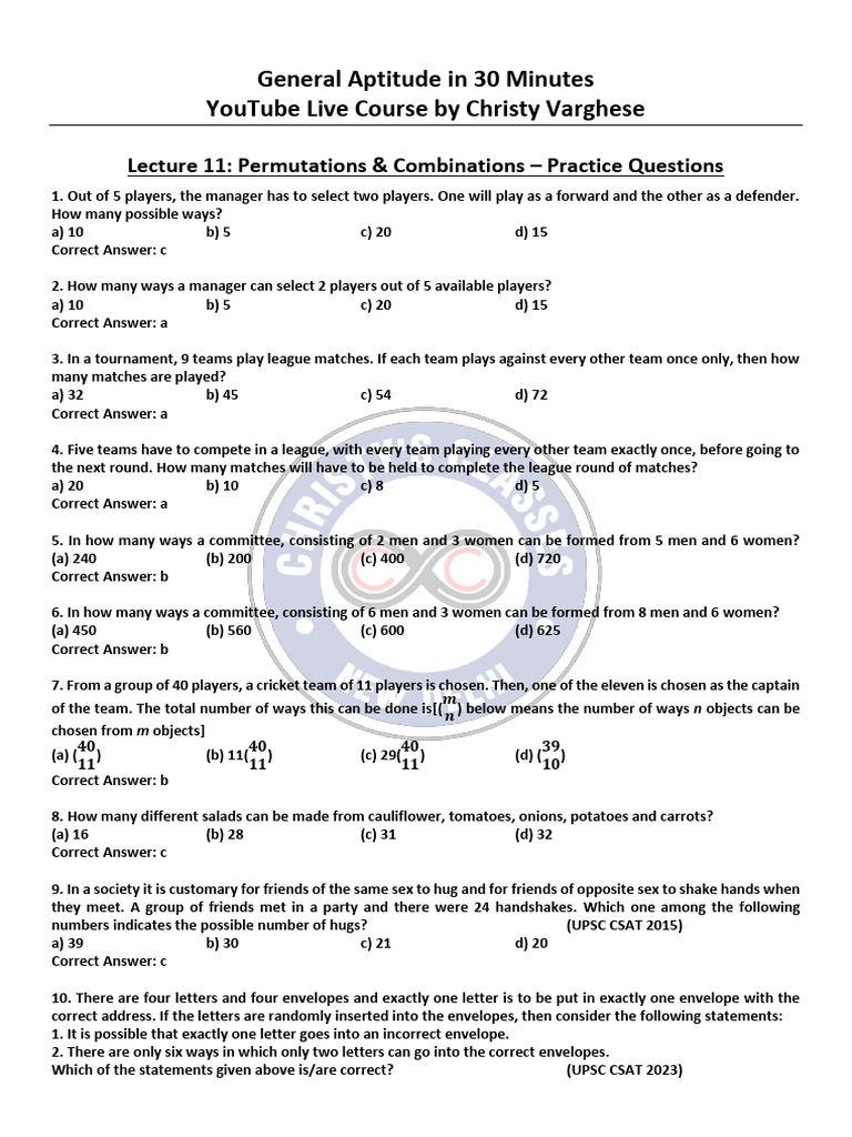 11 Permutations And Combinations Practice Questions Pdf