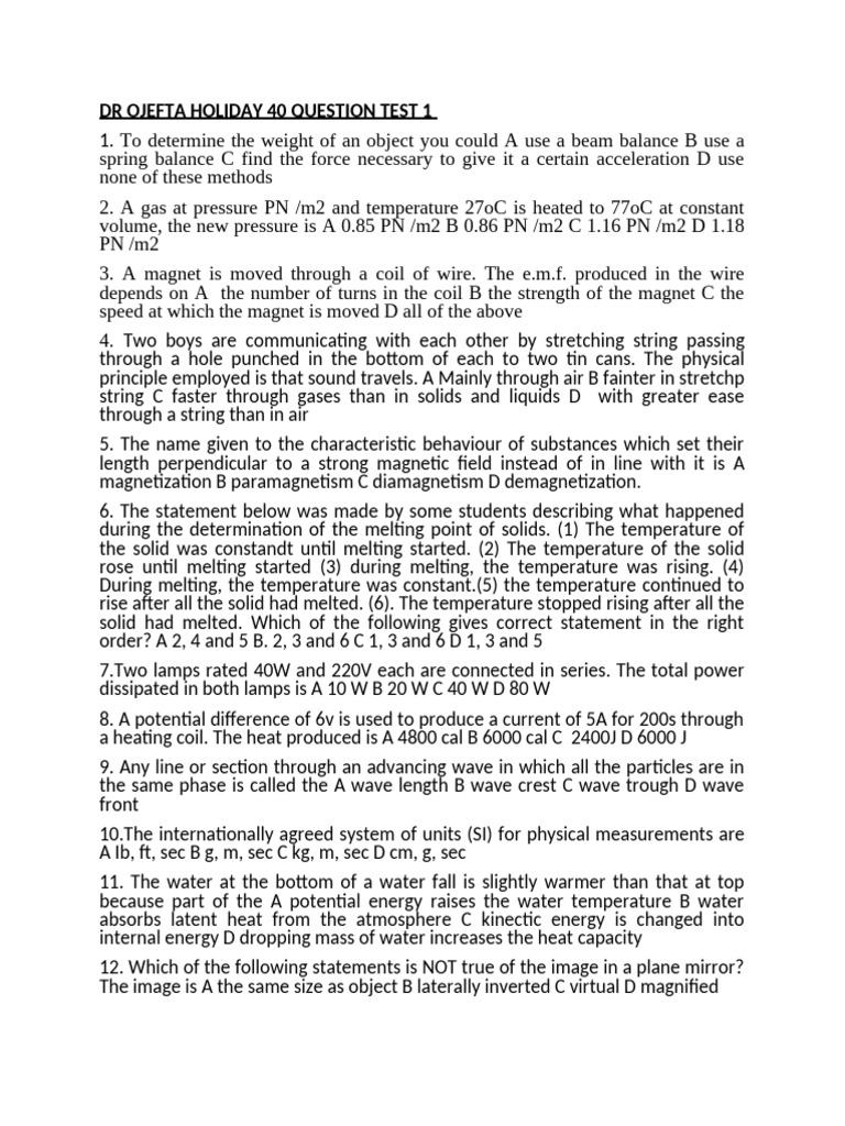 40-Question Physics Test for Students | PDF | Force | Waves