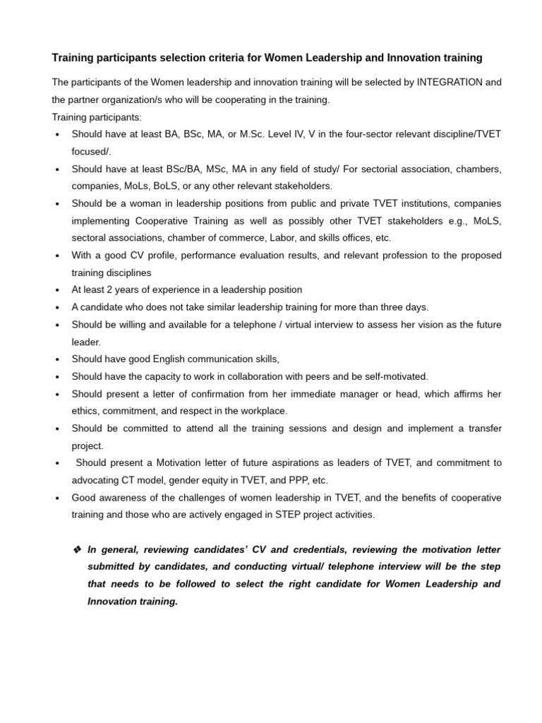 Women Leadership Training Selection Criteria | PDF