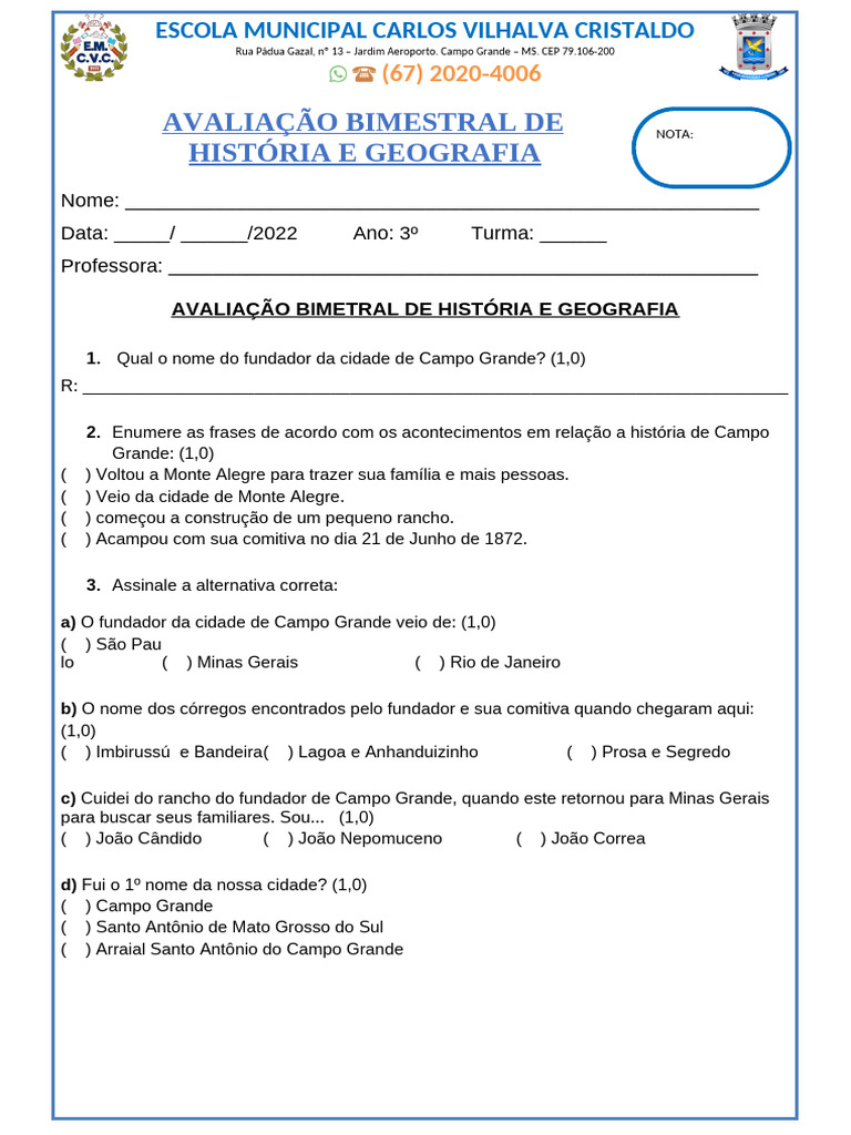 Avaliação de História e Geografia 3º Ano | PDF | Brasil
