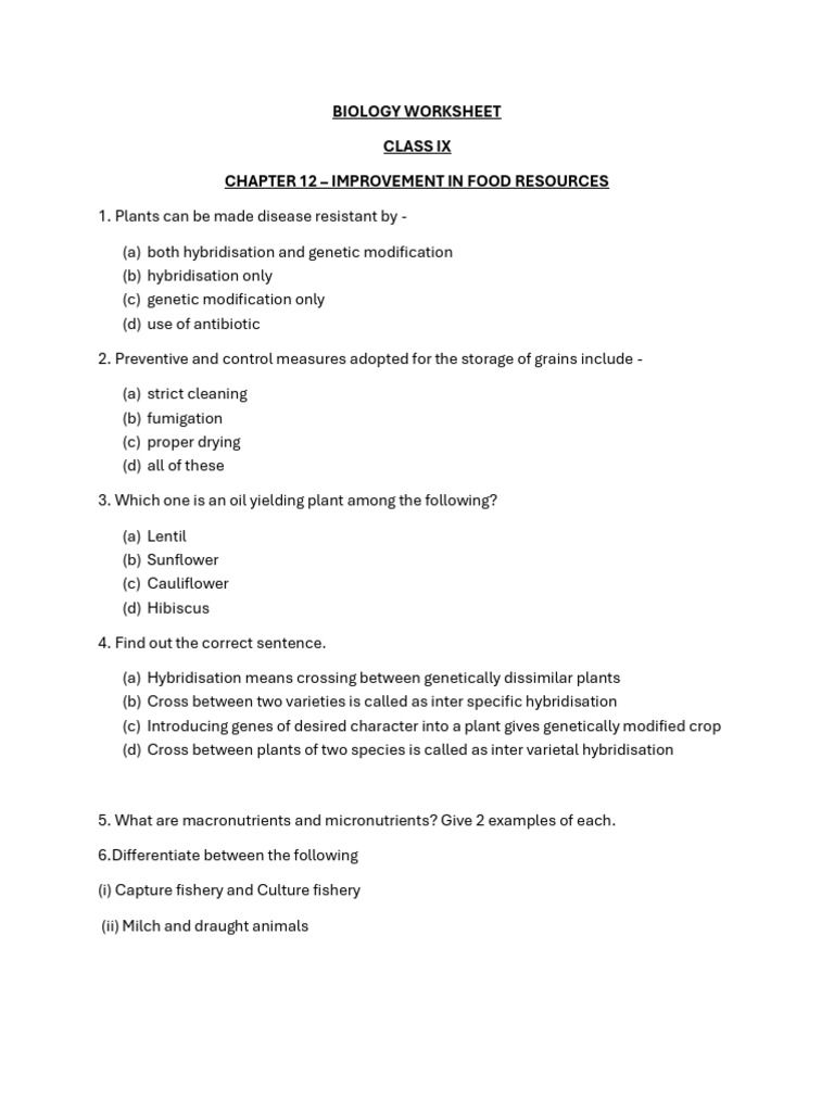 Biology Worksheet Chapter-12 Food Resources | PDF