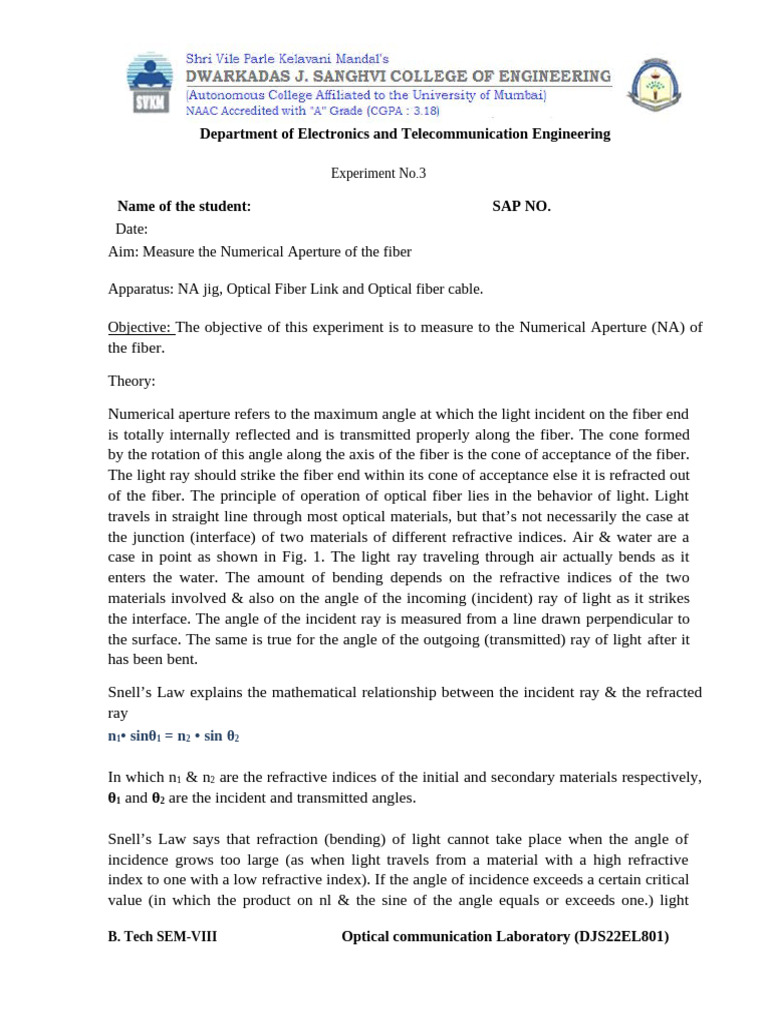 Experiment-3 Measurement of Numerical Aperture | PDF | Optical Fiber ...