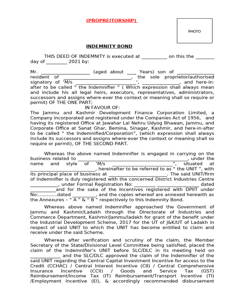 Indemnity Bond For IDS 2017 | PDF | Indemnity | Damages