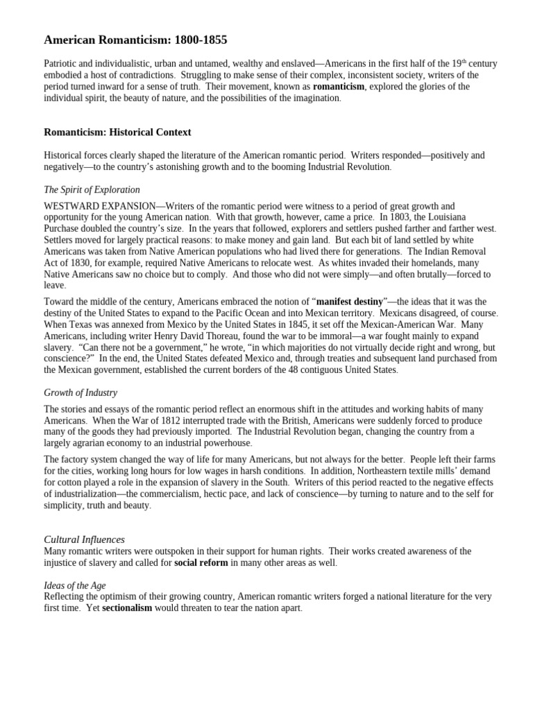 American Romanticism Overview: 1800-1855 | PDF | Transcendentalism ...