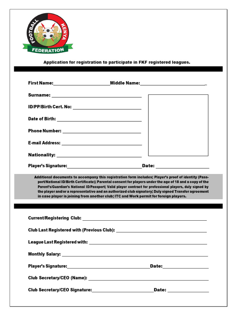 FKF Reg Form - Regional League 24.25 | PDF