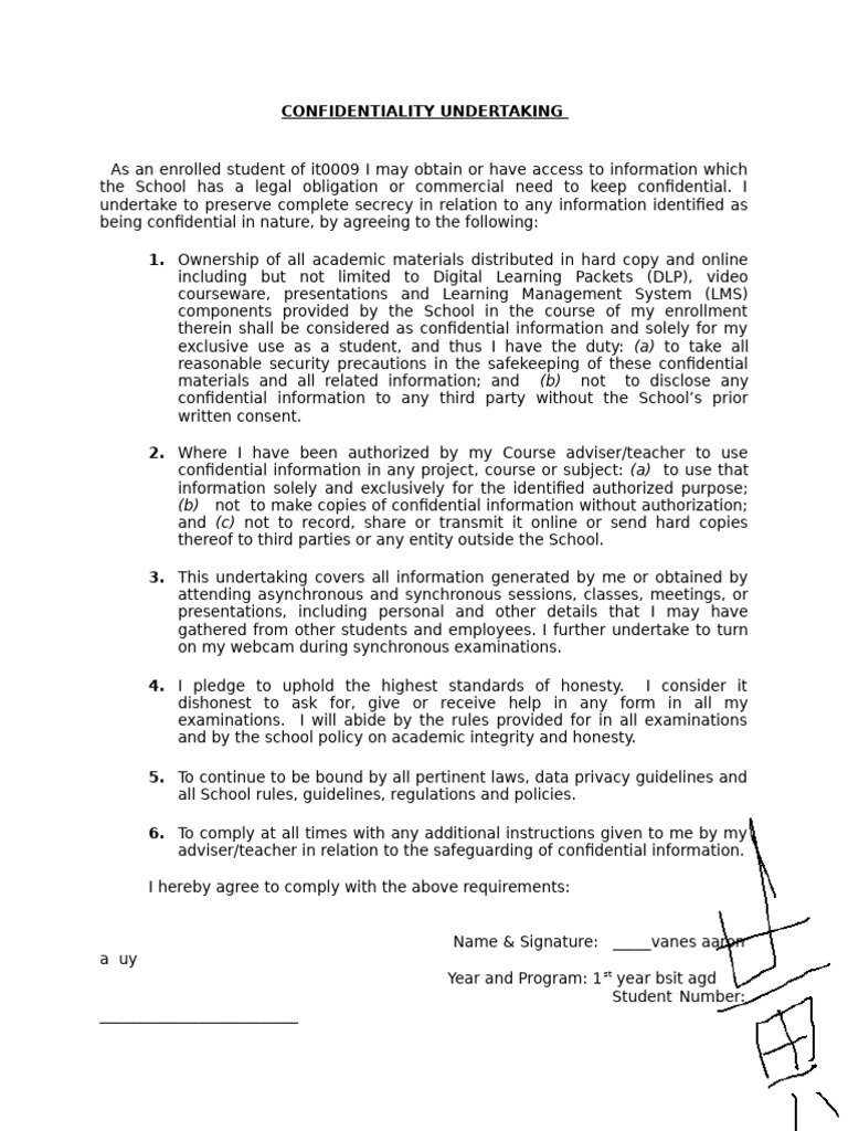 Confidentiality Undertaking Student 1 PDF | PDF | Confidentiality | Justice