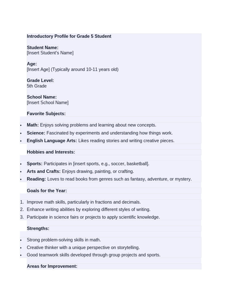 Introductory Profile For Grade 5 Student | PDF