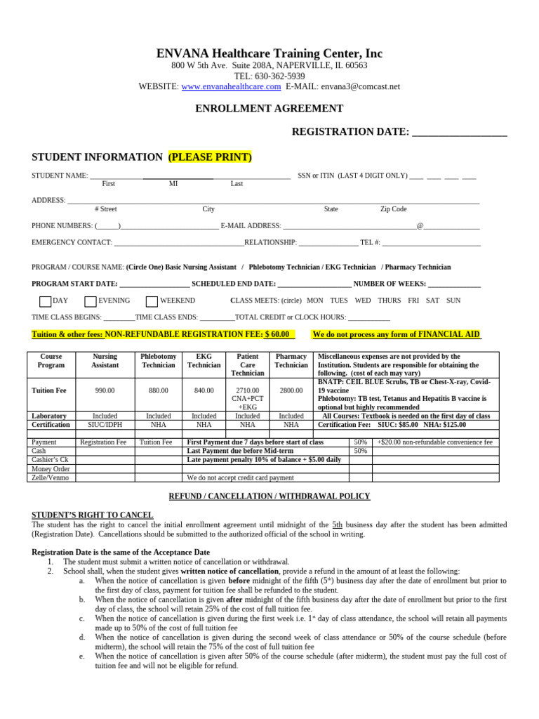 Envana Healthcare Enrollment Agreement | PDF | Fee | Payments