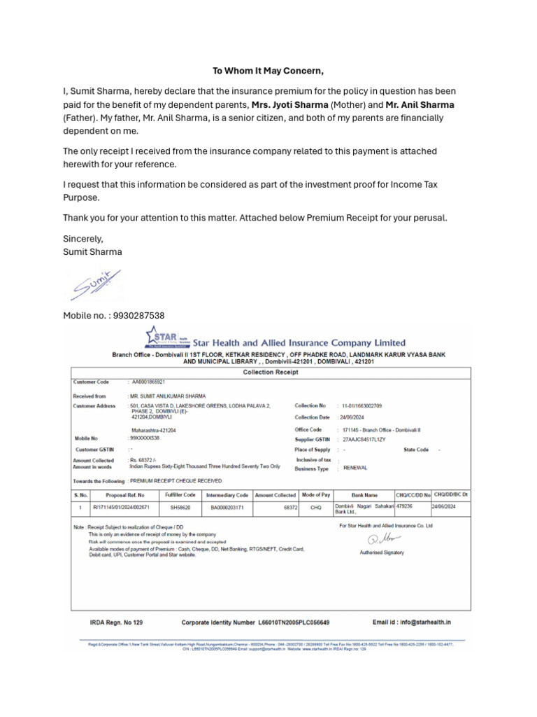Insurance Premium Declaration for Tax | PDF