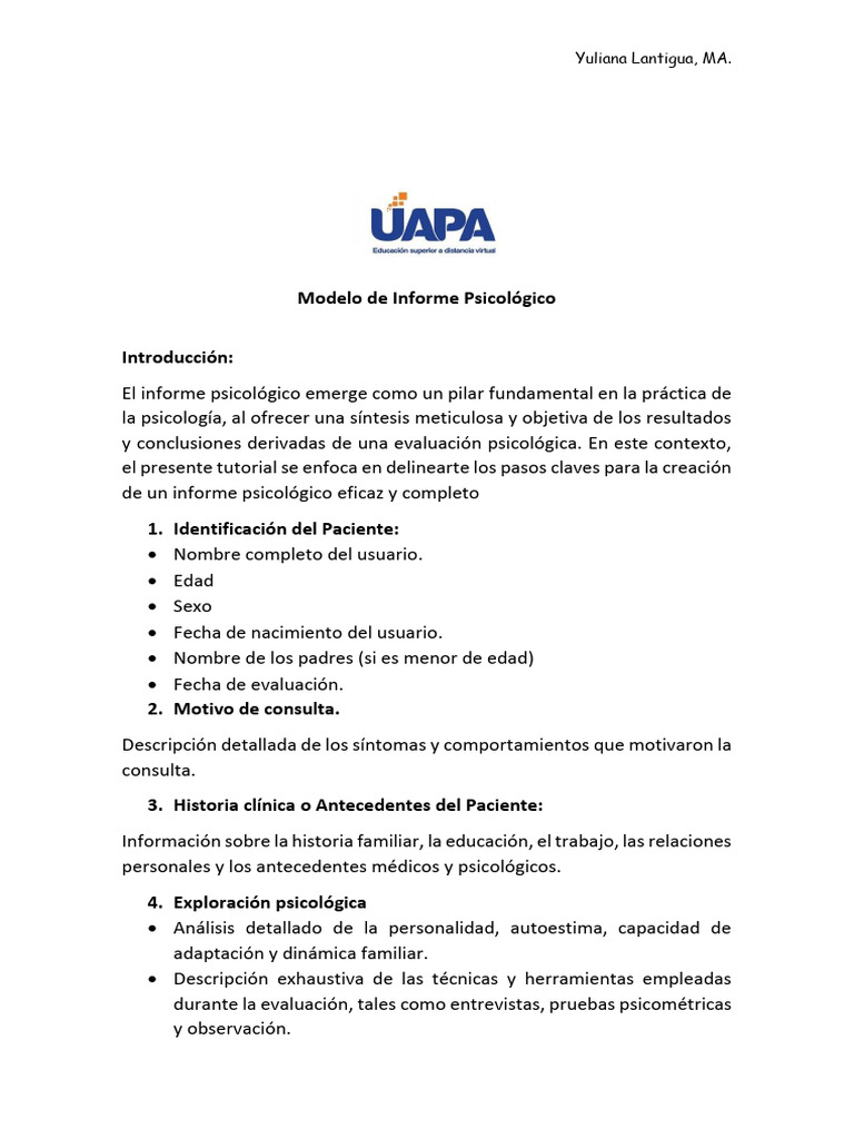 Modelo de Informe Psicológico | PDF | Sicología | Psicología clínica