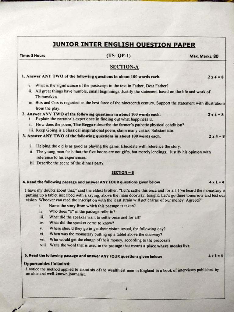 Junior Inter English Exam Question Paper | PDF | Linguistics