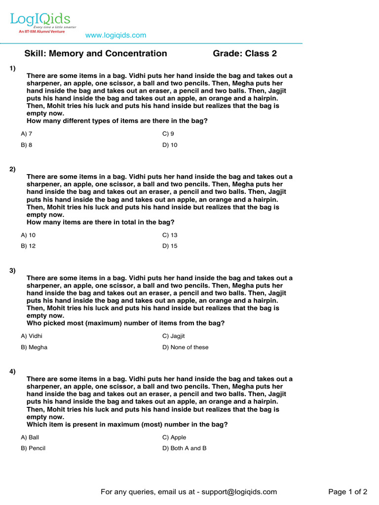 Class 2 Memory and Concentration Quiz | PDF | Graphite | Writing Implements