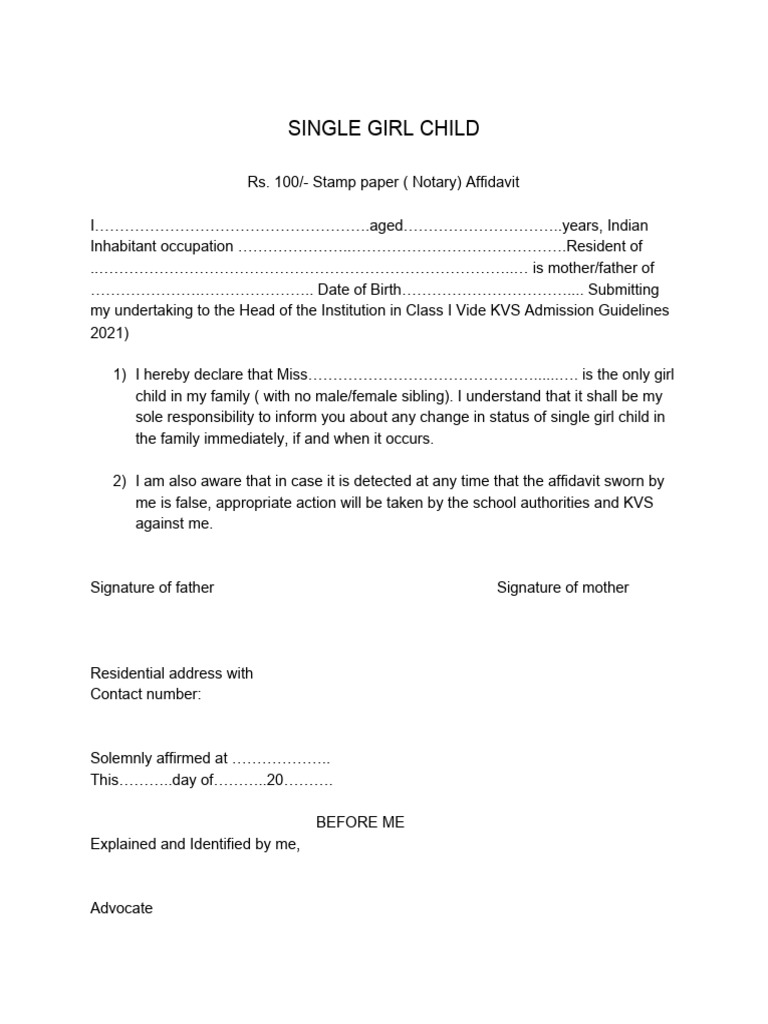 Single Girl Child Affidavit Format | PDF
