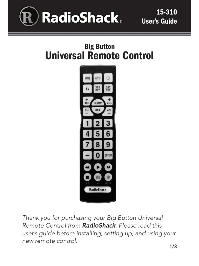RadioShack Big Button Remote Guide | PDF | Menu (Computing) | Radio