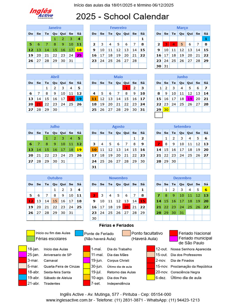 Calendario Escola 2025 - Férias e Feriados. | PDF