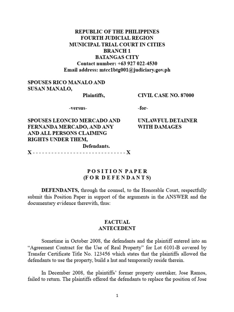 Position Paper_Civil Case (Defendants) | PDF | Mediation | Arbitration