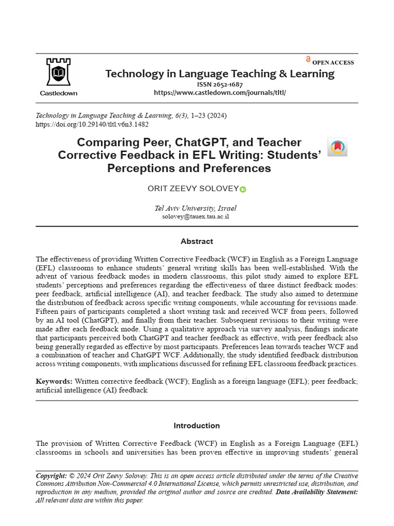 Comparing Peer ChatGPT and Teacher Corrective Feed | PDF | Artificial Intelligence ...