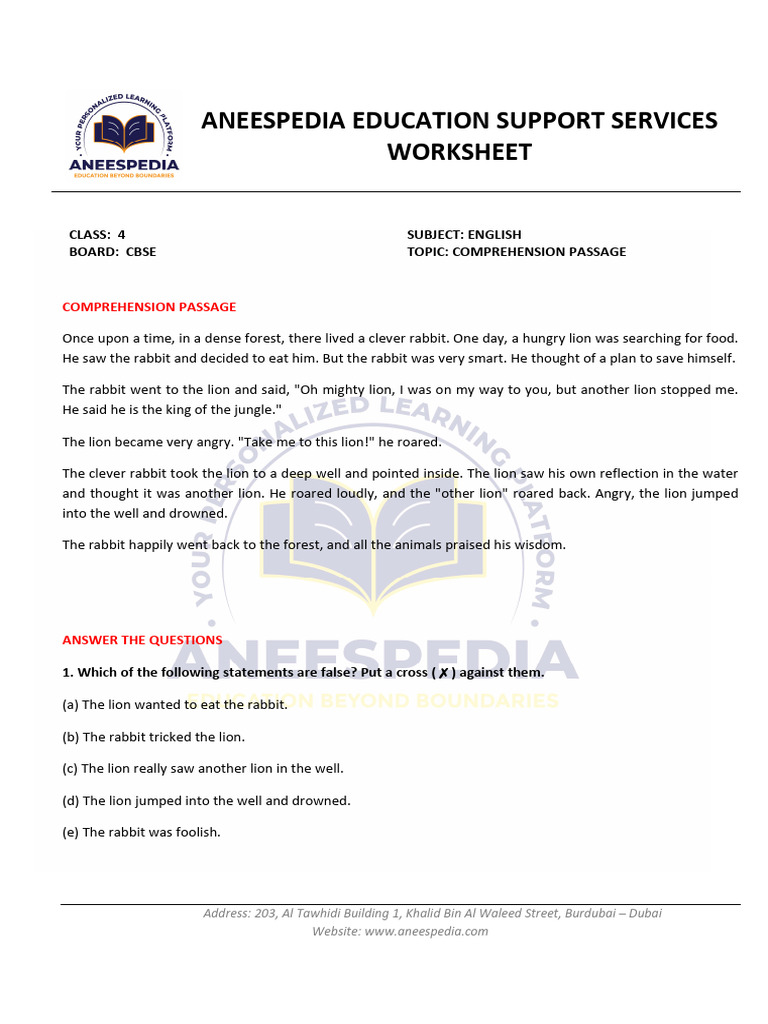 Comprehension Passage for Class 4 | PDF