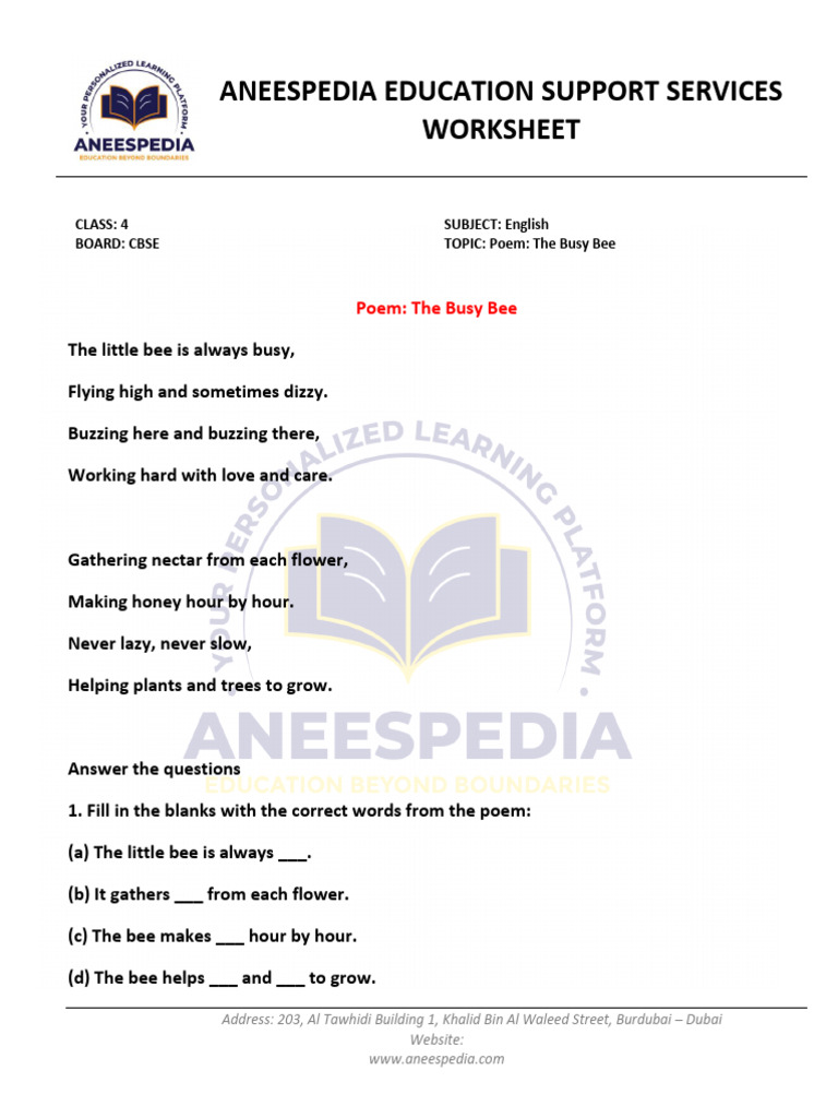 4 CBSE English Worksheet - Poem-The Busy Bee | PDF