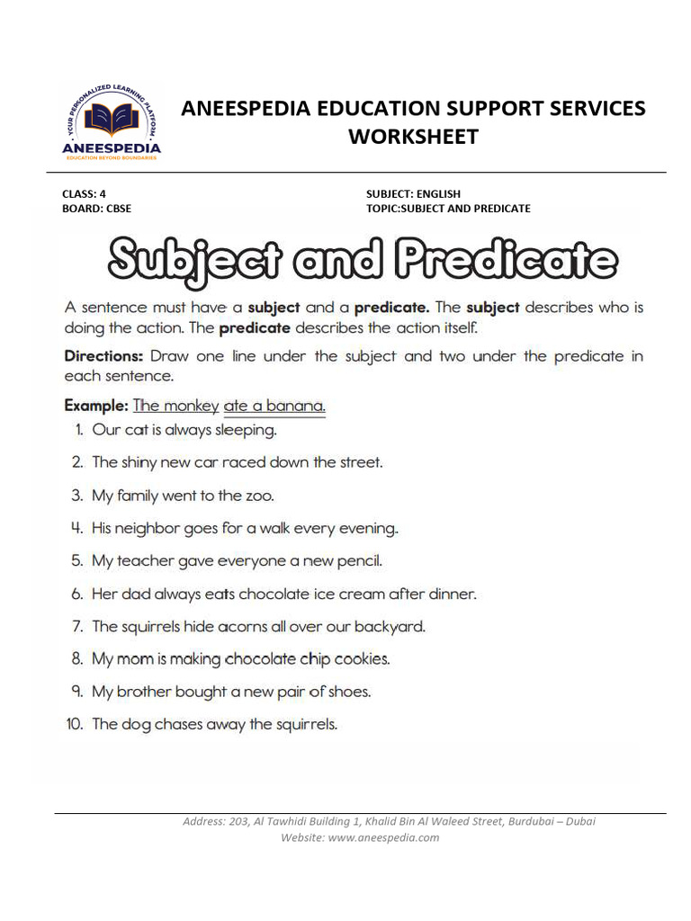 4 Cbse English Worksheet - Subject and Predicate | PDF