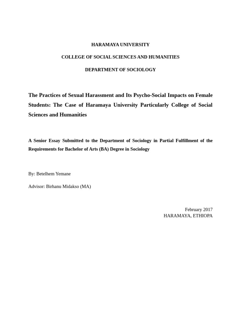Betelhem's Senior Essay-1st Draft-16may2017 | PDF | Sexual Harassment | Harassment