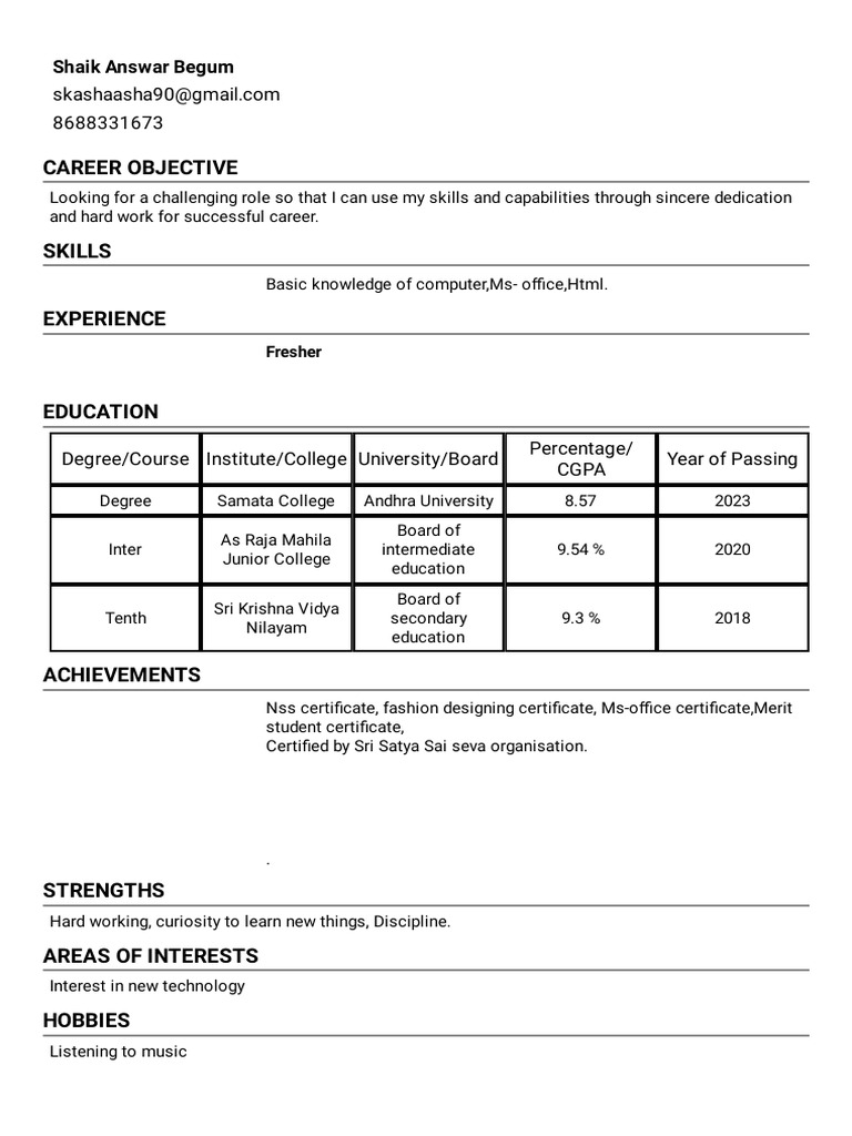 Resume - Shaik Answar Begum - Format1 | PDF
