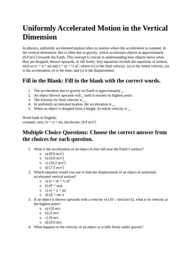 Worksheet 2 Uniformly Accelerated Motion in the Vertical Dimension ...