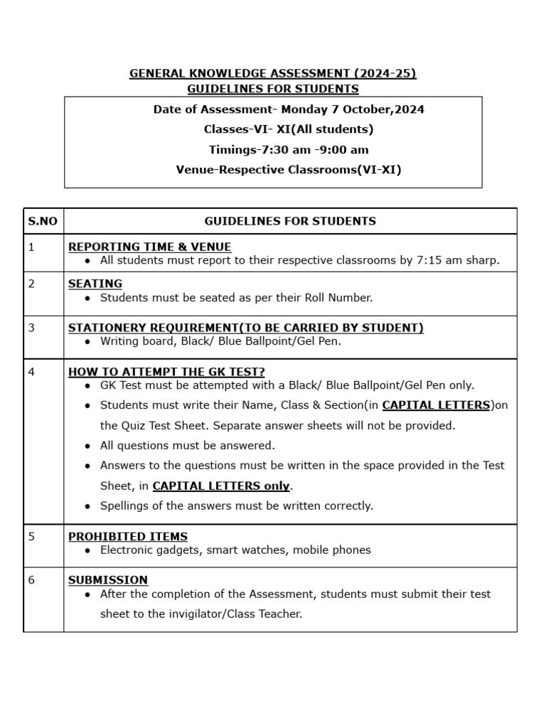 Guidelines For Students-GK Assessment (2024-25) | PDF