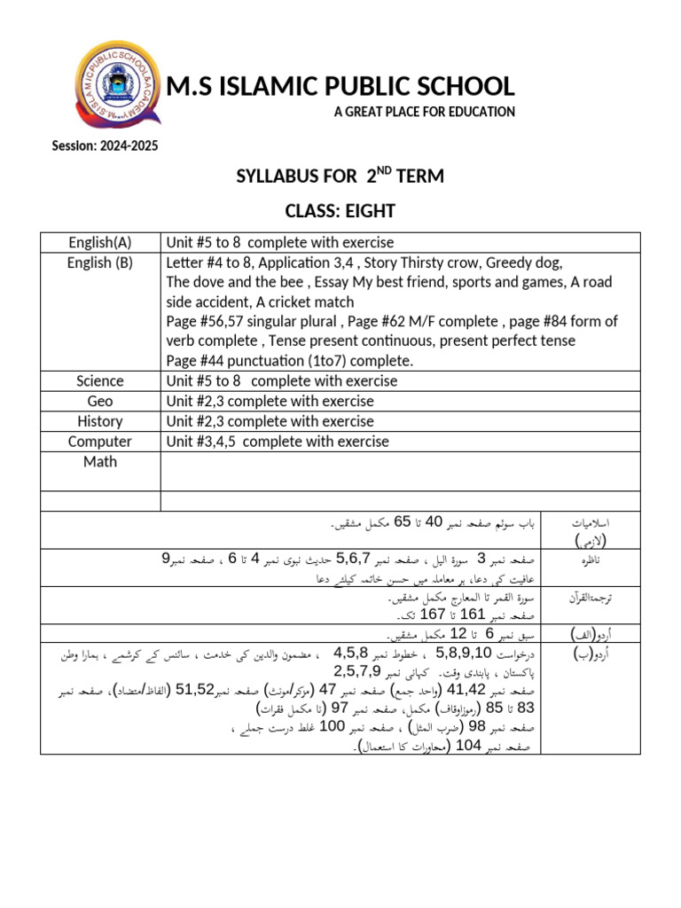 Class Eight 2nd Term | PDF