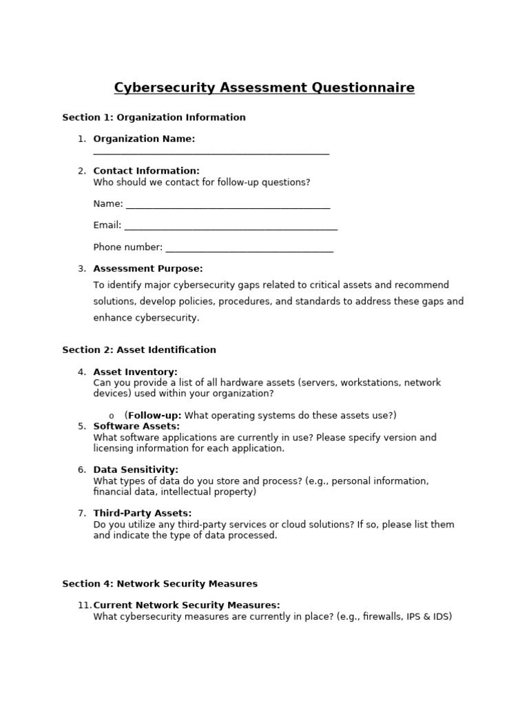 Cybersecurity Assessment Questionnaire V1 | PDF | Security | Computer ...