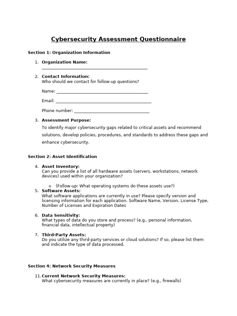 Cybersecurity Assessment Questionnaire V1 | PDF | Security | Computer ...