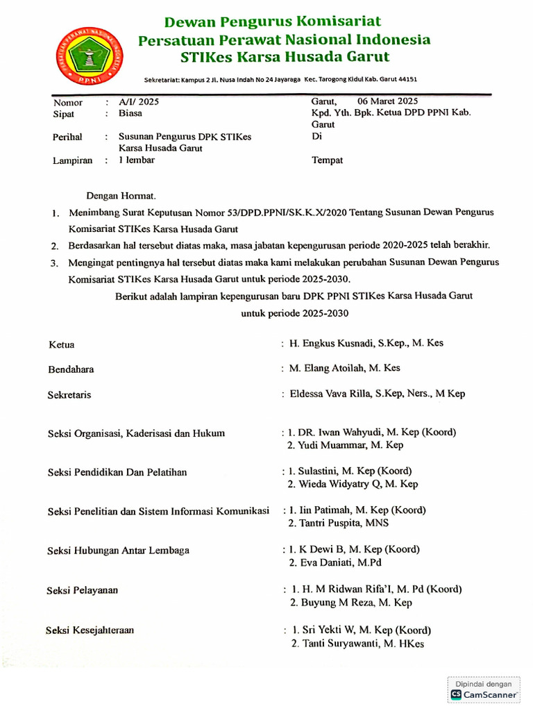 Susunan Pengurus DPK PPNI SKHG 2025-2030 | PDF