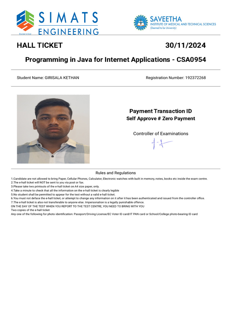 Java Hall Ticket | PDF