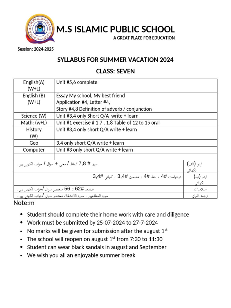 Summer Vacation Work Class Seven | PDF