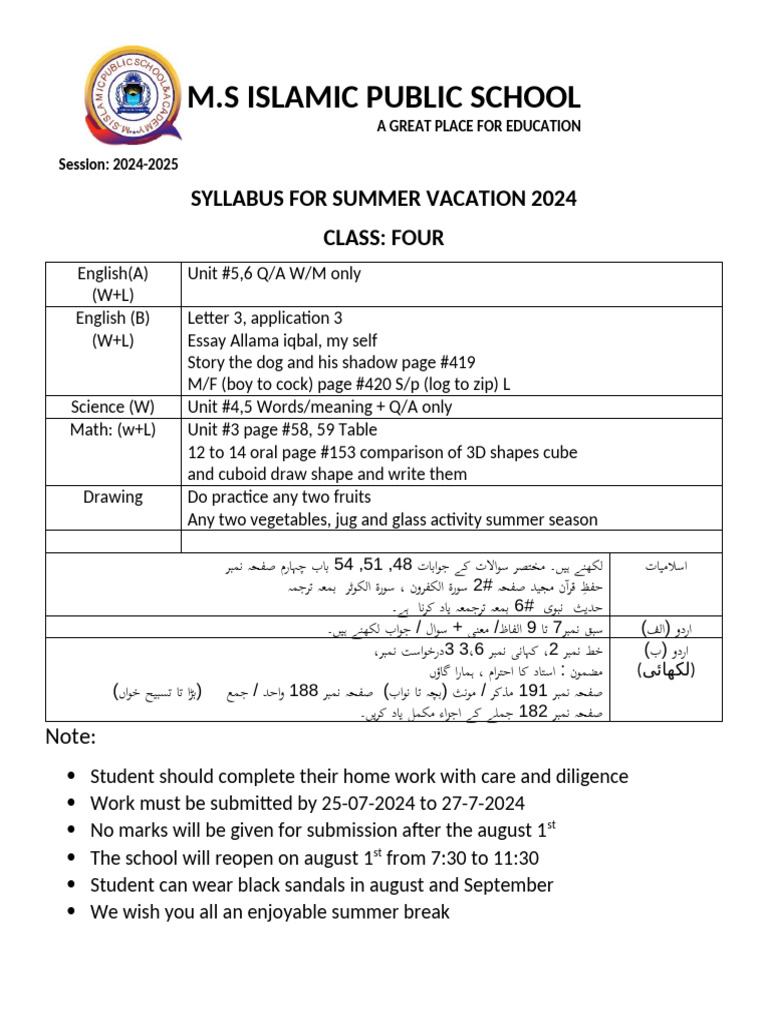 Summer Vacation Work Class 4 Copy 2 | PDF