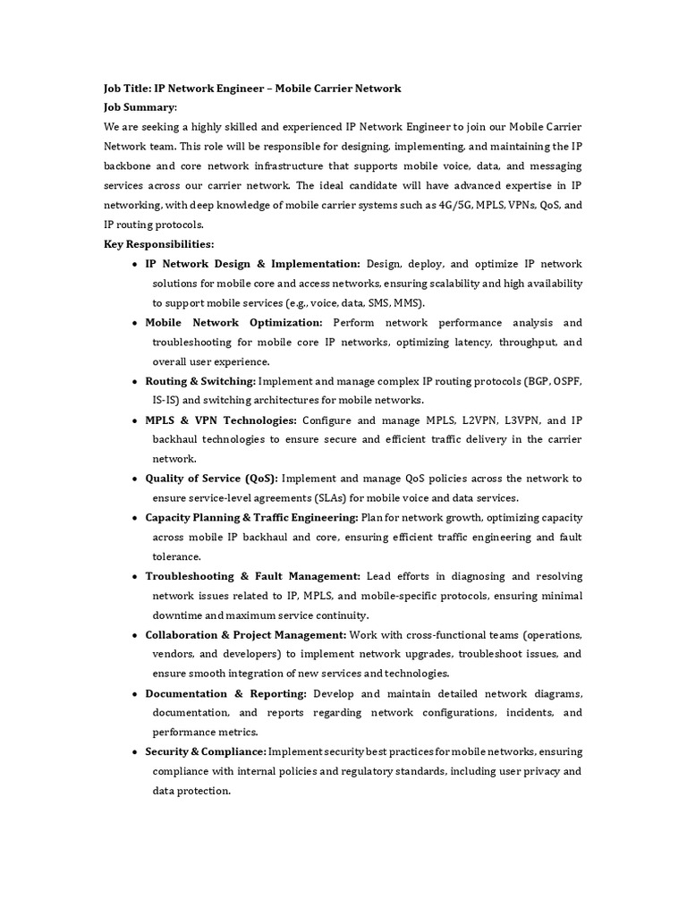 JD for IP Network Engineer Mobile Carrier Network | PDF | Computer ...