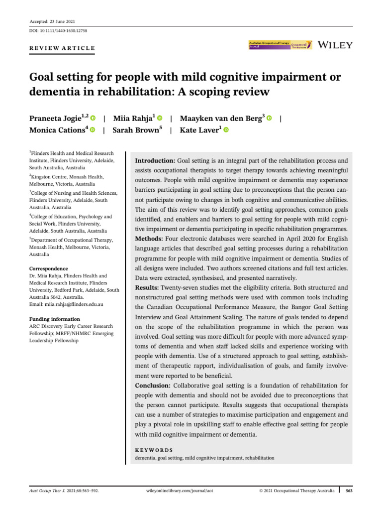 Aus Occup Therapy J - 2021 - Jogie - Goal setting for people with mild ...