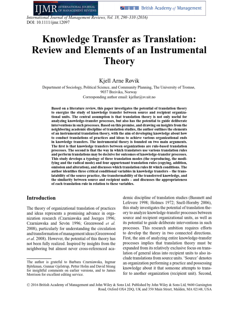 Int J Management Reviews - 2016 - R Vik - Knowledge Transfer As Translation Review and Elements ...