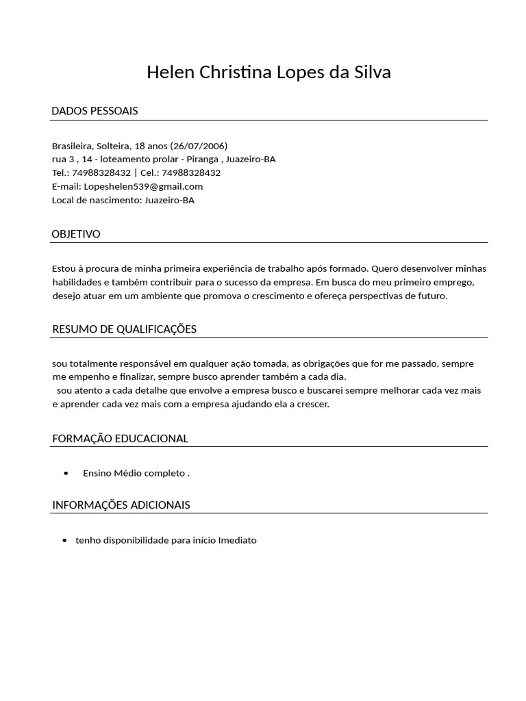 CV Helen Christina Lopes Da Silva | PDF