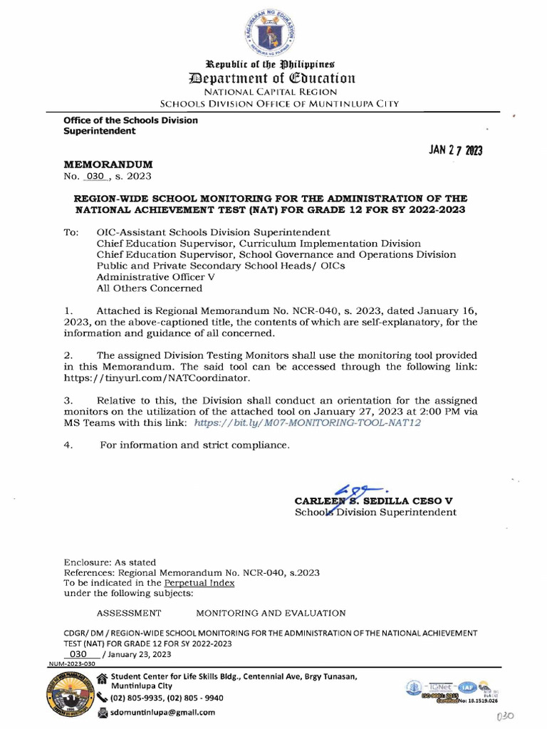 Region-Wide School Monitoring For The Administration of The Nat For ...