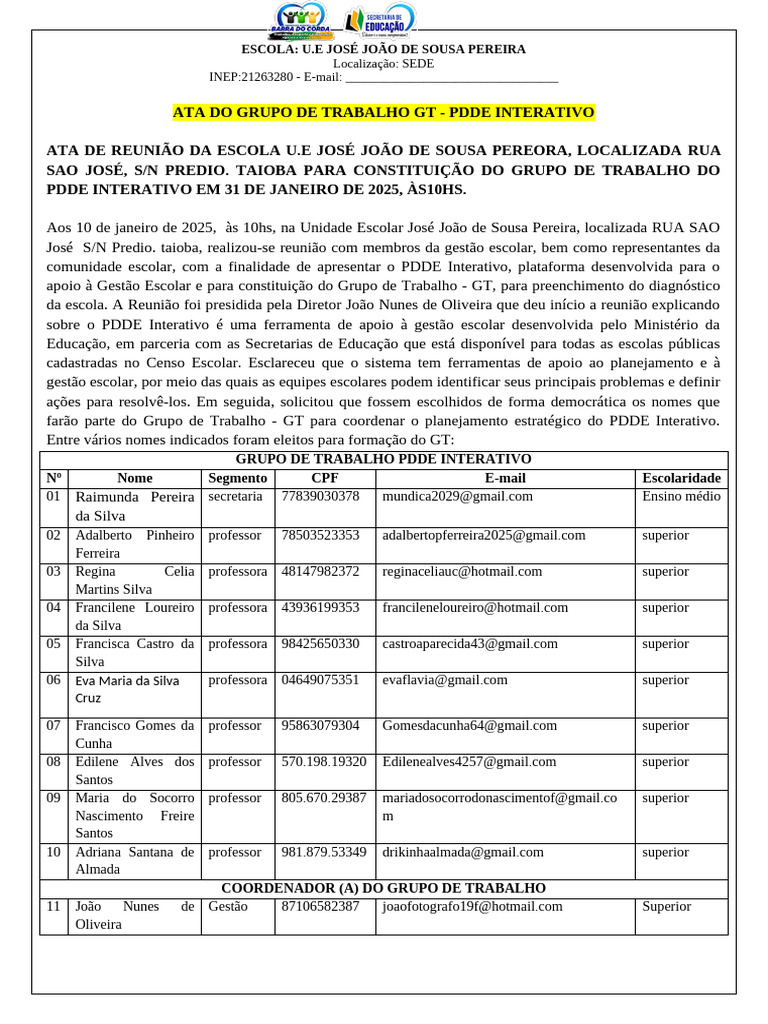 Ata do Grupo de Trabalho PDDE Interativo | PDF
