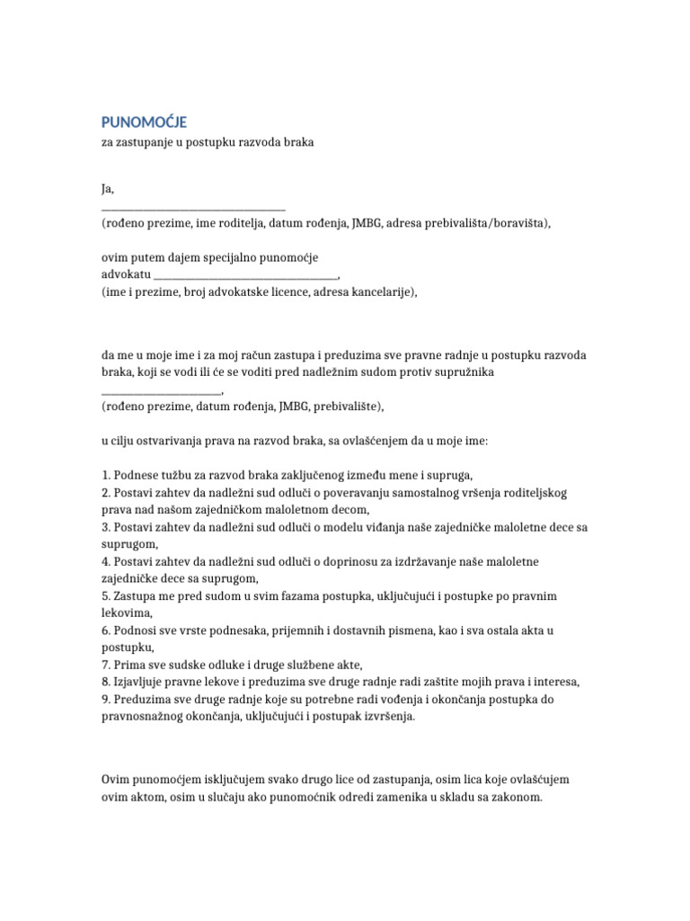Punomocje Za Razvod Braka Sa Odlukama | PDF