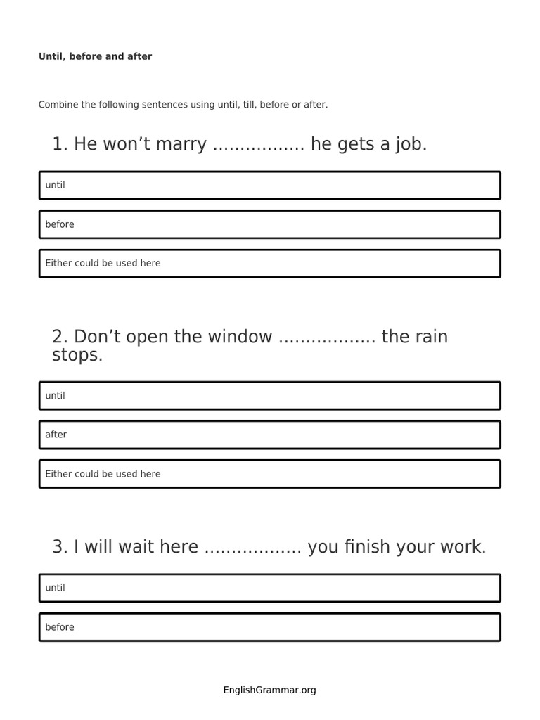 Using Until, Before, and After in Sentences | PDF