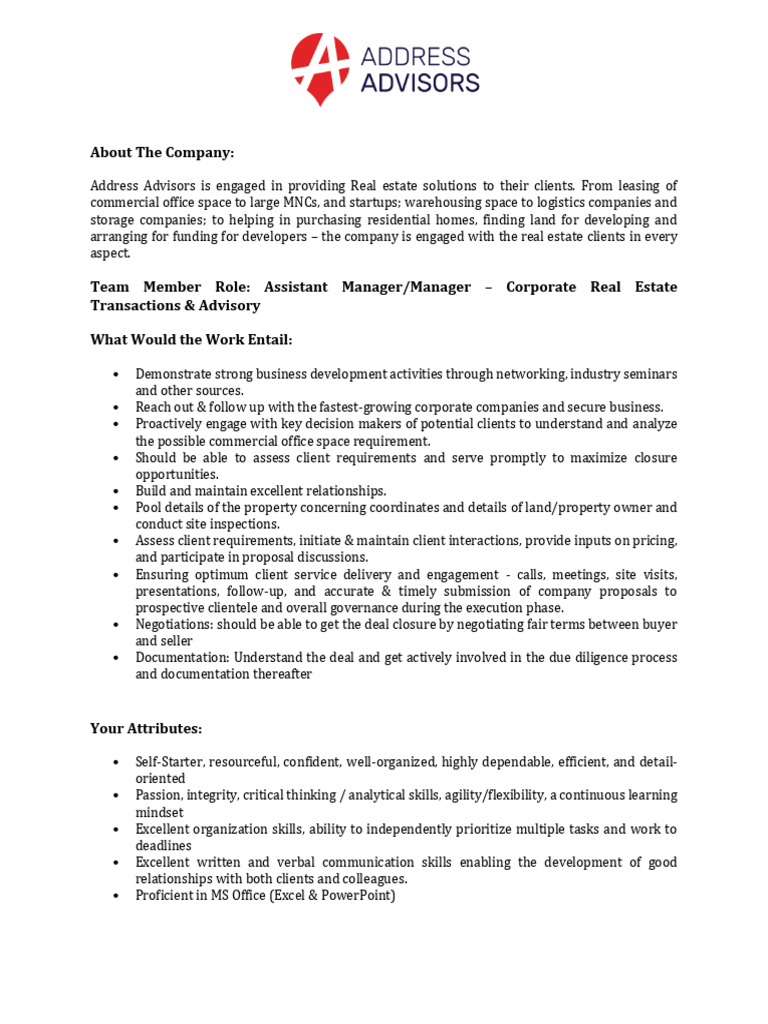 Assistant Manager, Manager - Corporate Real Estate Transactions-1 | PDF ...
