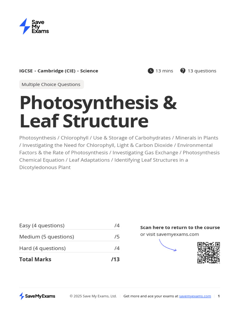 Photosynthesis and Leaf Structure Quiz | PDF | Photosynthesis | Leaf
