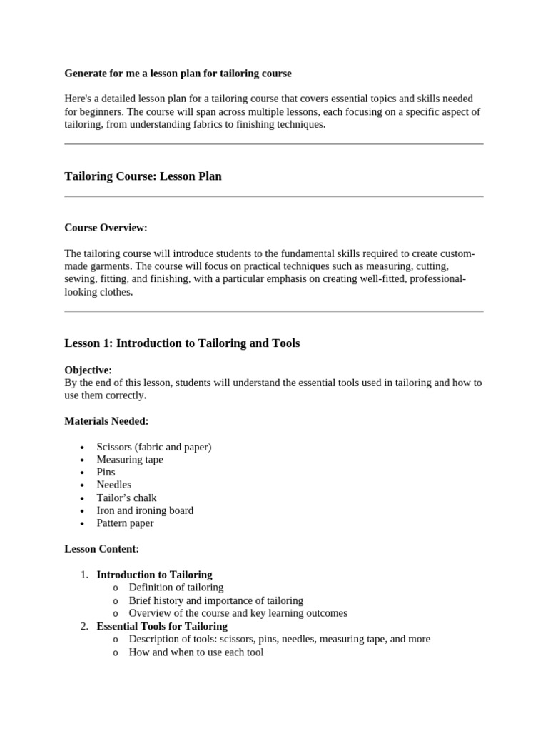 Lesson Plan for tailoring class | PDF | Seam (Sewing) | Sewing