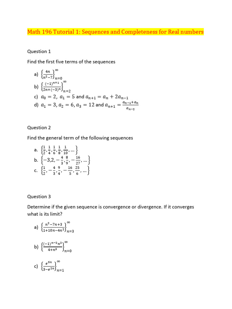 Math 196 Tutorial 1 On Sequences and Completeness of Real Numbers Final ...